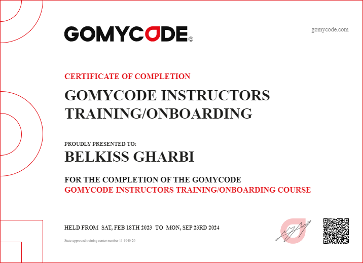 Belkiss Gharbi Certificate of Completion GOMYCODE Instructors Training/Onboarding