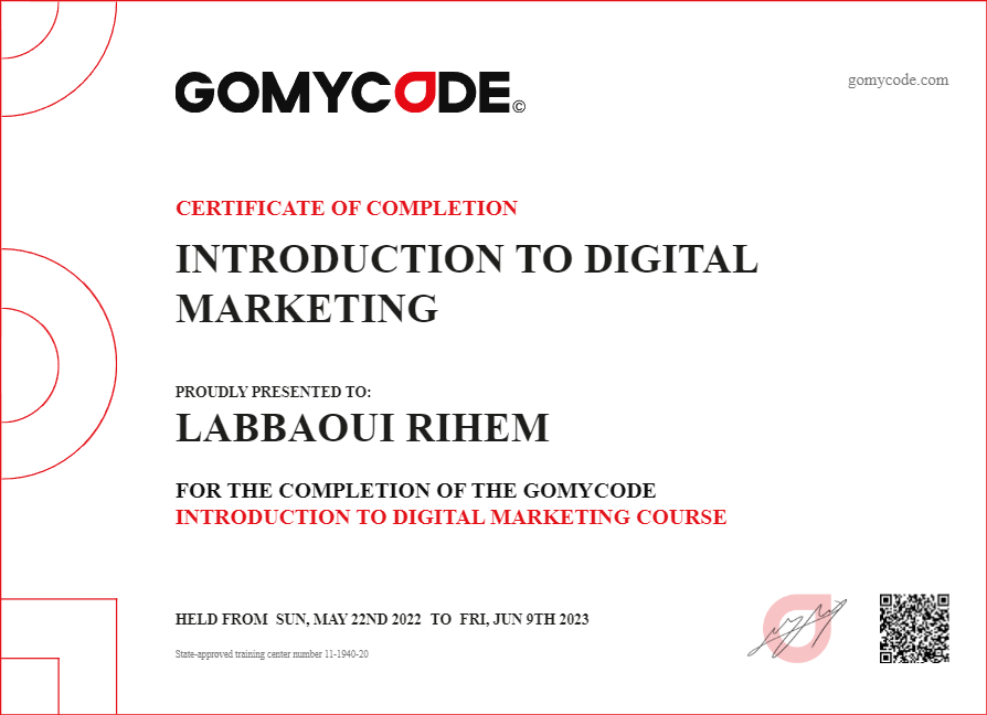 Labbaoui Rihem Certificate of Completion Introduction to Digital Marketing