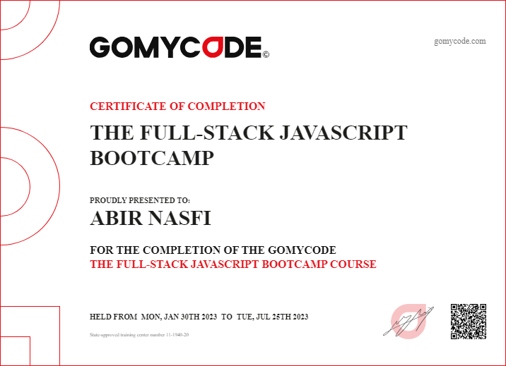 Abir Nasfi Certificate of Completion The Full-Stack Javascript Bootcamp