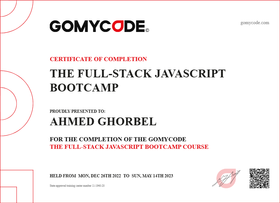 Ahmed Ghorbel Certificate of Completion The Full-Stack Javascript Bootcamp