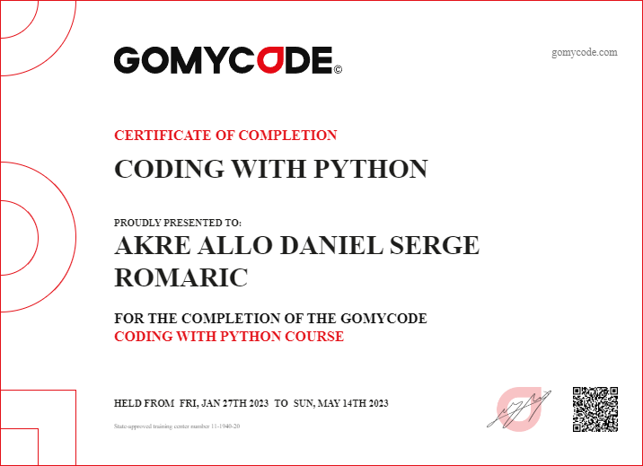 AKRE ALLO DANIEL SERGE ROMARIC Certificate of Completion Coding With Python