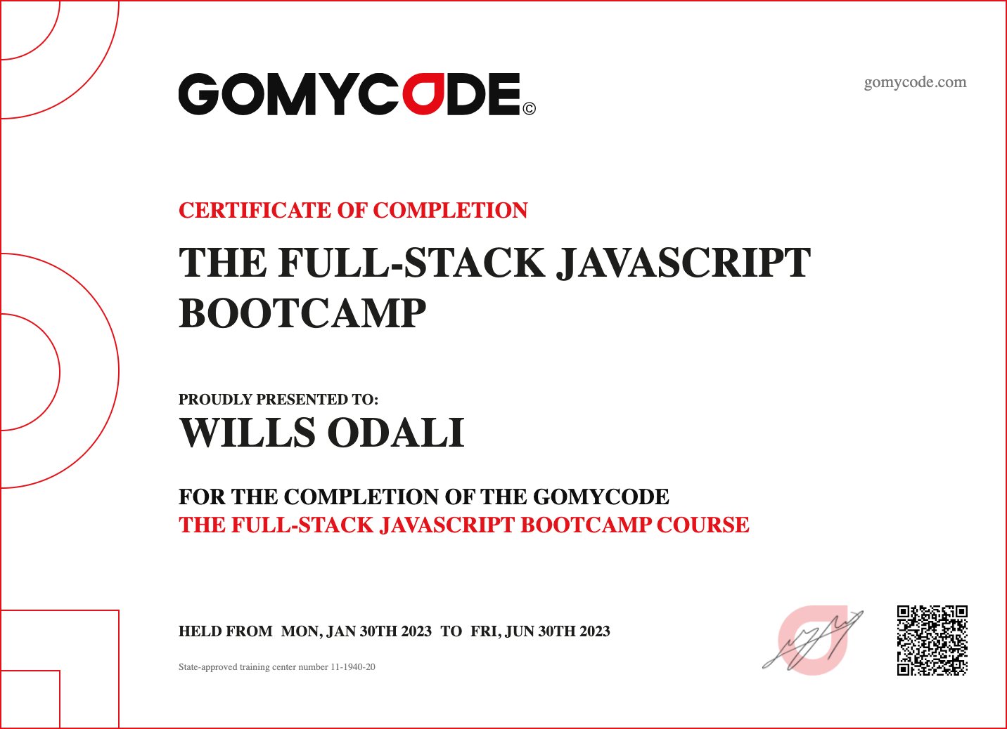 Wills Odali Certificate of Completion The Full-Stack Javascript Bootcamp