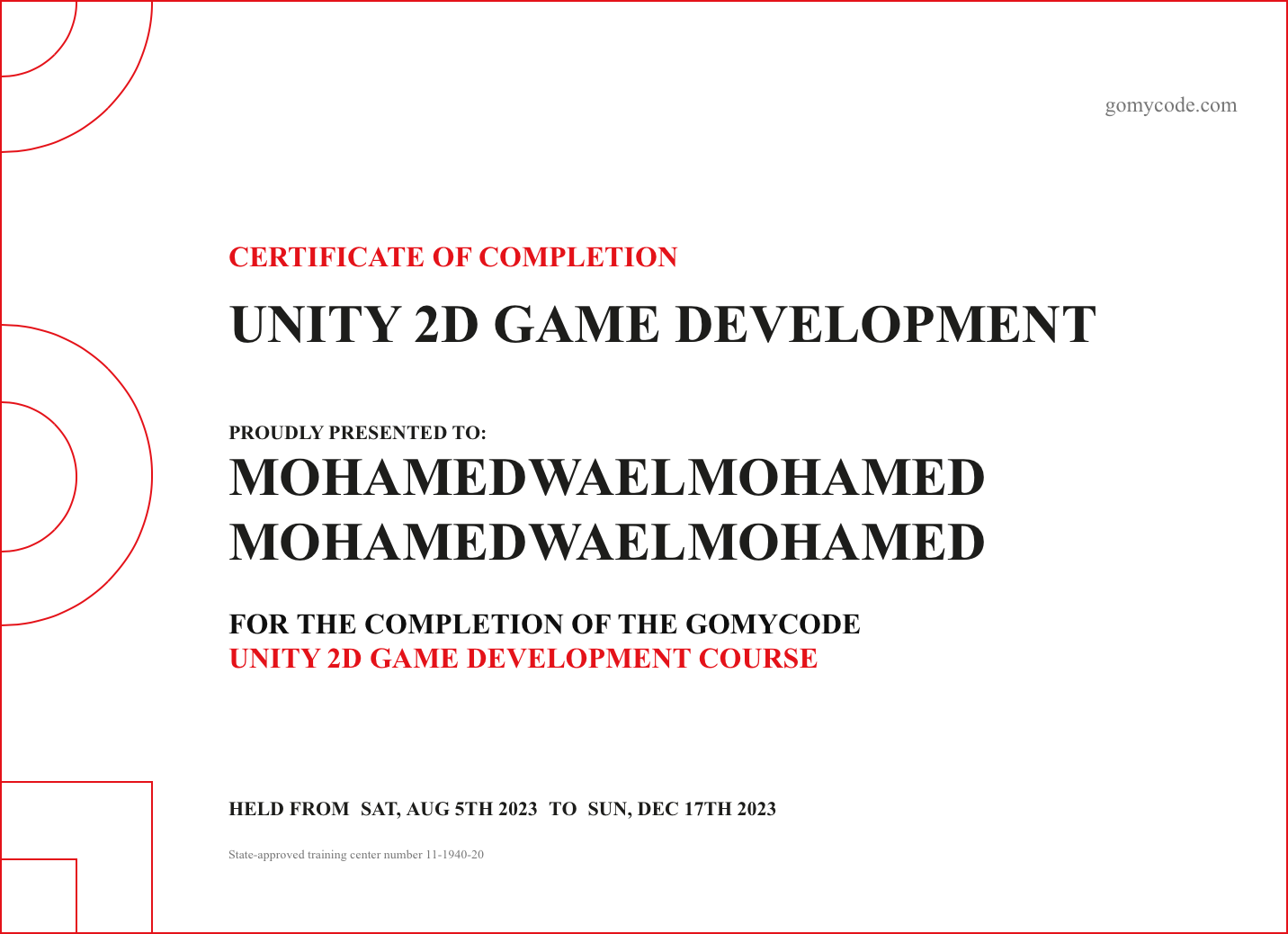 mohamedwaelmohamed mohamedwaelmohamed Certificate of Completion Unity 2D Game Development
