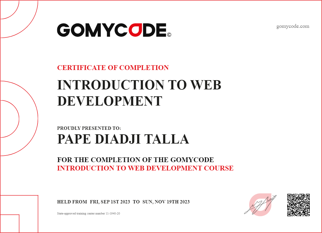 Pape Diadji TALLA Certificate of Completion Introduction to Web Development
