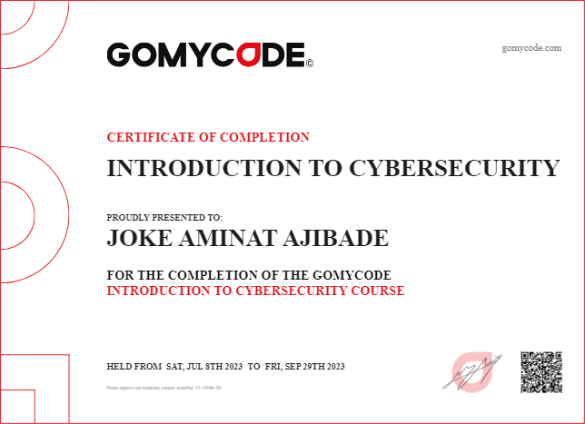 Joke Aminat Ajibade Certificate of Completion Introduction to Cybersecurity
