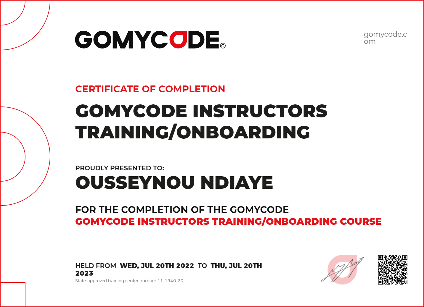 Ousseynou NDIAYE Certificate of Completion GOMYCODE Instructors Training/Onboarding