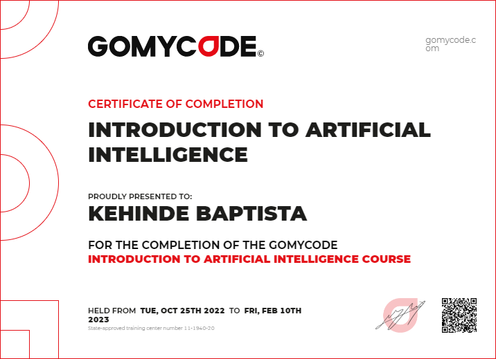 Kehinde Baptista Certificate of Completion Introduction to Artificial ...