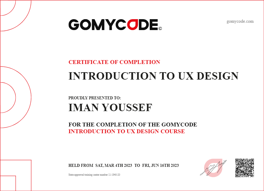 Iman Youssef Certificate of Completion Introduction to UX Design