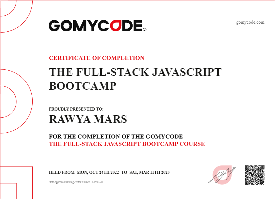 Rawya Mars Certificate of Completion The Full-Stack Javascript Bootcamp