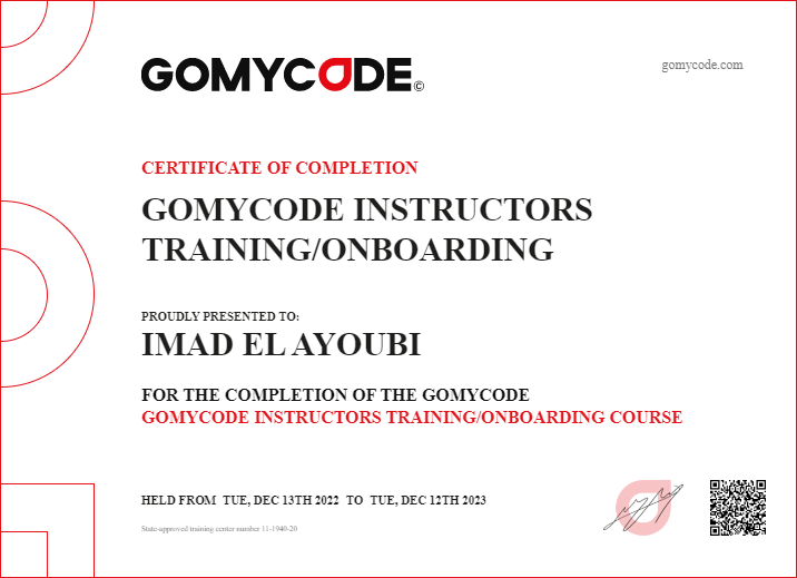 Imad El Ayoubi Certificate of Completion GOMYCODE Instructors Training/Onboarding