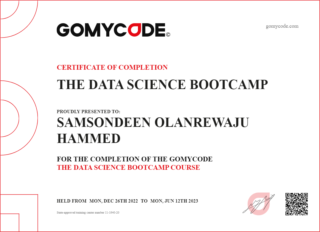 SAMSONDEEN OLANREWAJU HAMMED Certificate of Completion The Data Science ...