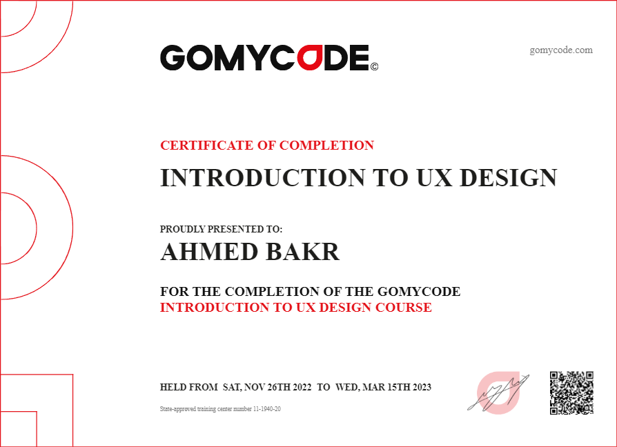 ahmed bakr Certificate of Completion Introduction to UX Design