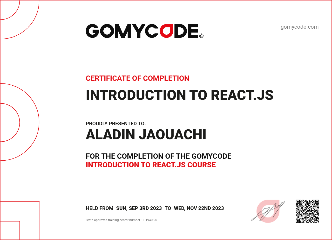 Aladin Jaouachi Certificate of Completion Introduction to React.js