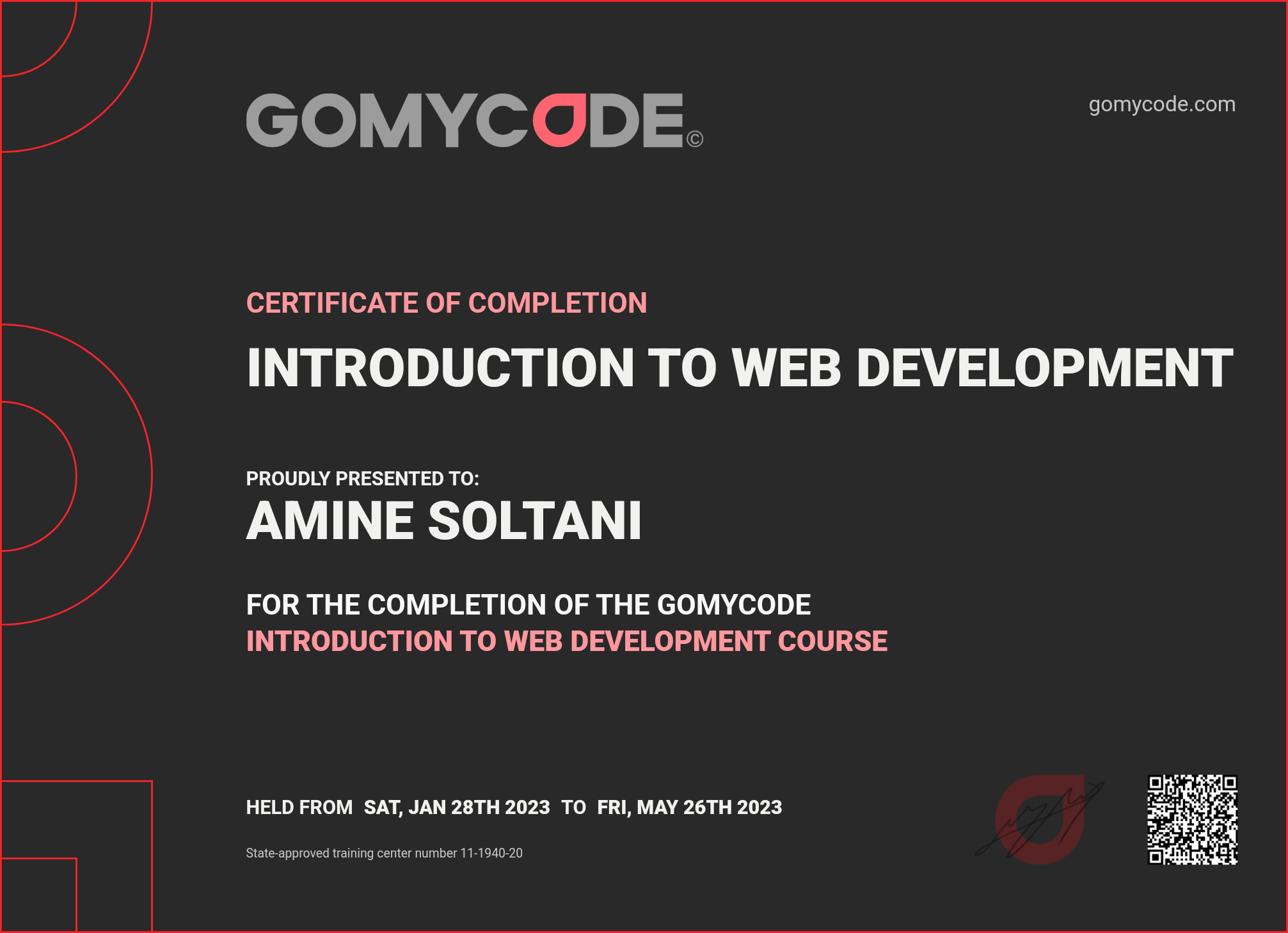 amine soltani Certificate of Completion Introduction to Web Development