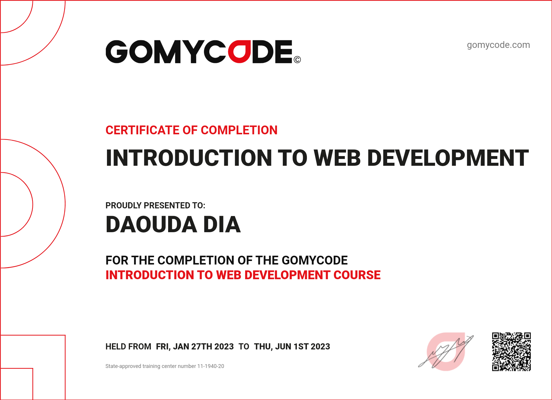 Daouda Dia Certificate of Completion Introduction to Web Development