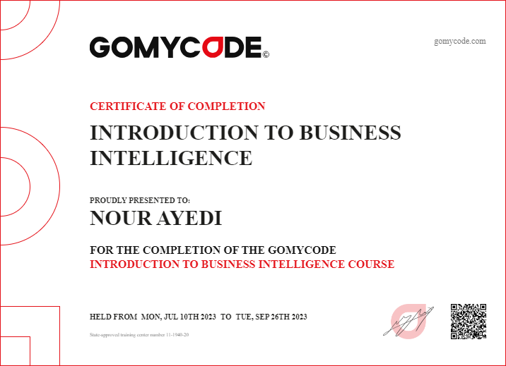 Nour ayedi Certificate of Completion Introduction to Business Intelligence