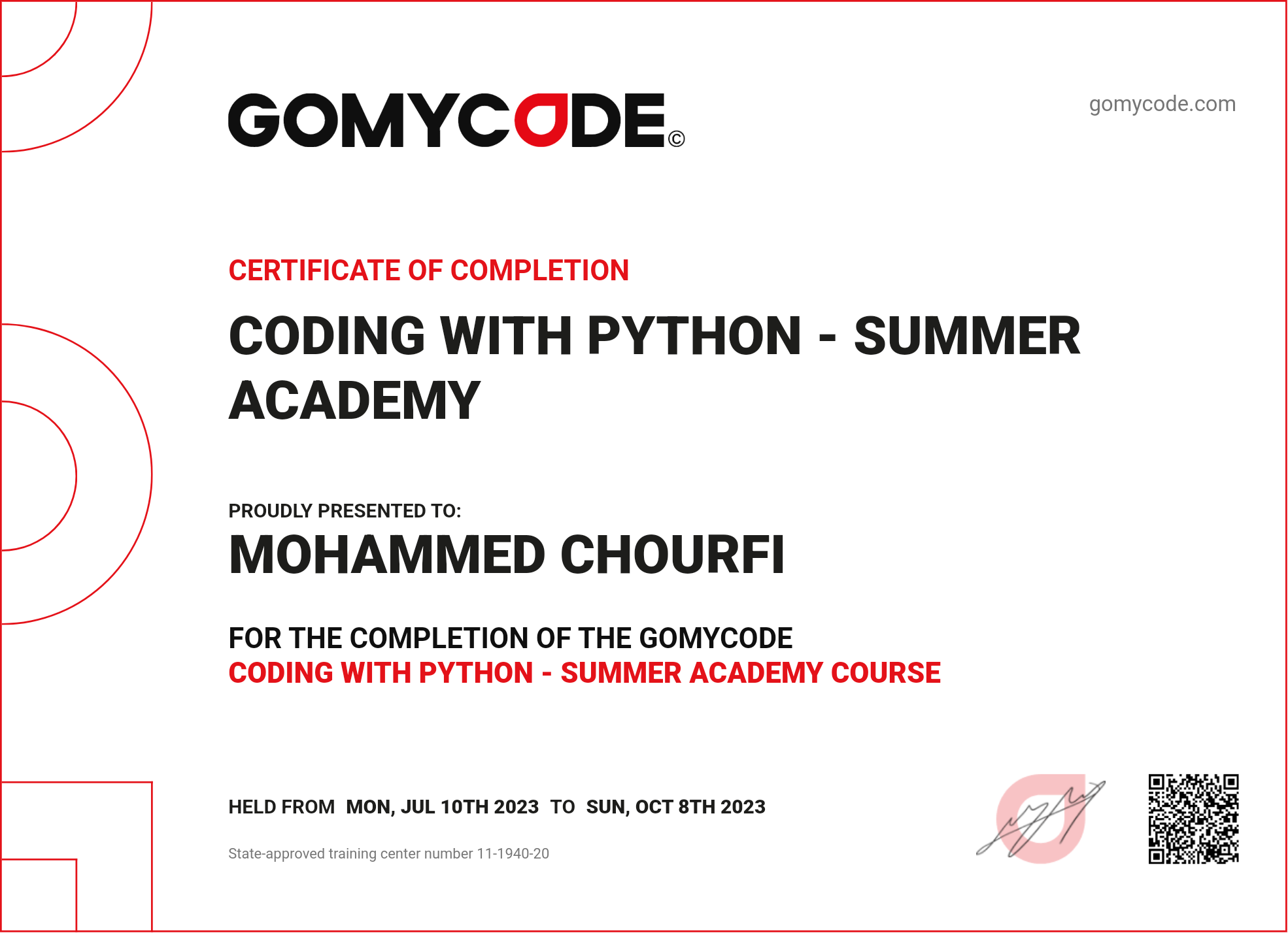 Mohammed Chourfi Certificate of Completion Coding with python - summer academy