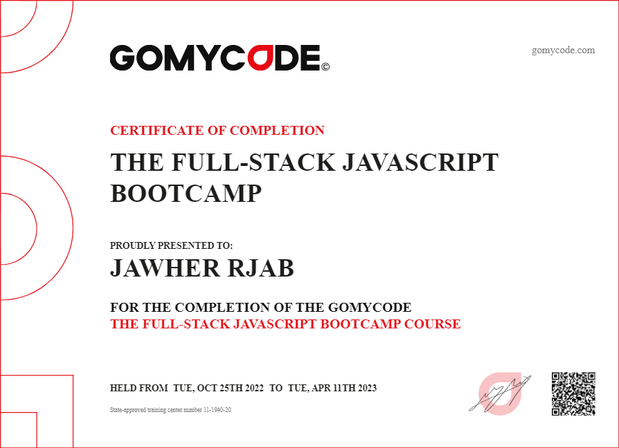 Jawher Rjab Certificate of Completion The Full-Stack Javascript Bootcamp
